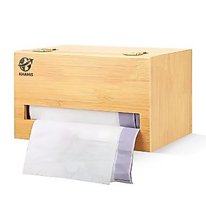 Khamis Wall-Mounted Trash Bag Dispenser Roll Holder - Bamboo Under Sink Garbage Bag Holder for Home & Kitchen - Trash bang Organizer for Waste Management - Kitchen Storage Box Holder for Plastic Bag