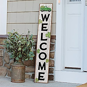 My Word! Welcome Irish Truck W/Shamrocks Porch Board Welcome Sign and Porch Leaner for Front Door Porch Deck Patio or Wall - Indoor Outdoor Spring Farmhouse Rustic Vertical Porch and Yard Decor - 8"x46.5"