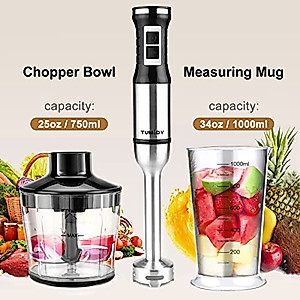 TUMIDY Immersion Blender Handheld 4 in 1 Hand Blender 500W Stepless Speed Stick Blender with Stainless Steel Blades, 750ml Chopper, 1000ml Chopper with Lid, Egg Whisk for Smoothie, Baby Food, Sauces