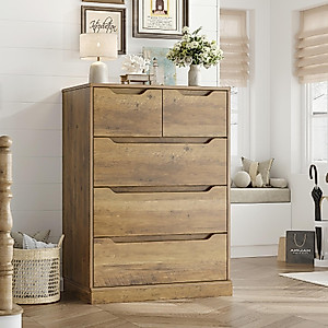 HOSTACK Modern 5 Drawer Dresser for Bedroom, Chest of Drawers with Storage, Wood Storage Chest Organizers with Cut-Out Handles, Accent Storage Cabinet for Living Room, Entryway, Hallway, Rustic Brown