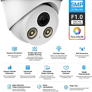 PANOEAGLE 5MP PoE IP Full Color Camera with Human&Vehicle Detection, 2.8mm Fixed Lens, 98ft Color Night Vision F1.0,24 Hours Full Time Color,Build-in Mic, WDR，IP67 Outdoor, 5MP@30fps