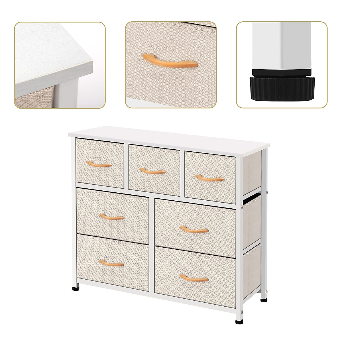 AZL1 Life Concept Storage Organizer 7-Drawer Closet Shelves, Sturdy Steel Frame Marbling Wood Top with Easy Pull Fabric Bins for Clothing, Ivory
