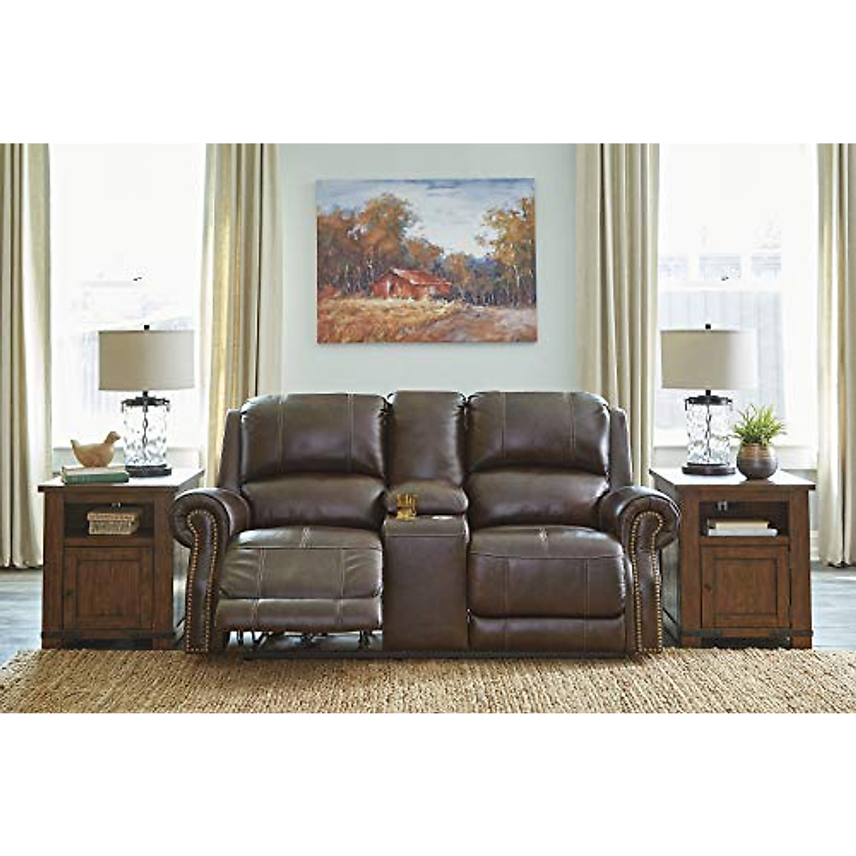 Signature Design by Ashley Buncrana Traditional Dual Sided Power Reclining Loveseat with Nailhead Trim, Center Storage Console and USB Port, Brown
