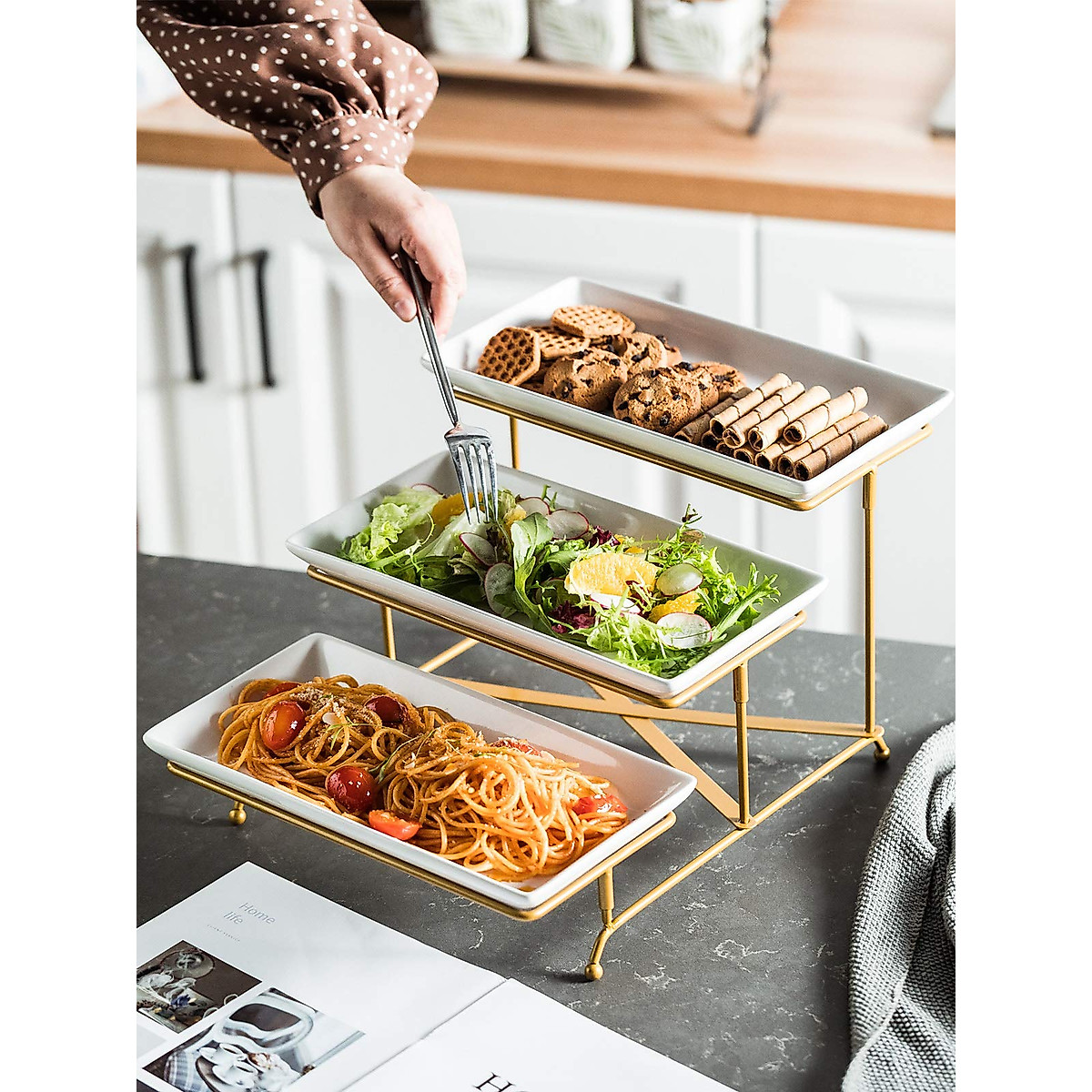 LAUCHUH 3 Tier Serving Stand, Pocerlain Oval Bowl Set with Stand Ceramic Fruit Bowl with Rack for Dessert, Appetizer, Candy Chip Dip, Vegetable, Gold