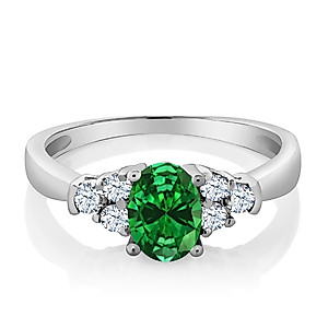 Gem Stone King 925 Sterling Silver Green Simulated Emerald and White Topaz Ring For Women (0.92 Cttw, Oval 6X4MM, Available in size 5, 6, 7, 8, 9)