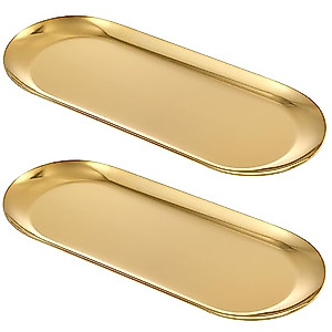 2PACK Gold Decorative Tray, Bathroom Vanity Tray for Dresser Counter, Kitchen Sink Tray for Soap Dispensers, Stainless Steel Jewelry Tray, Perfume Ring Key Candle Organizer Tray, Oval