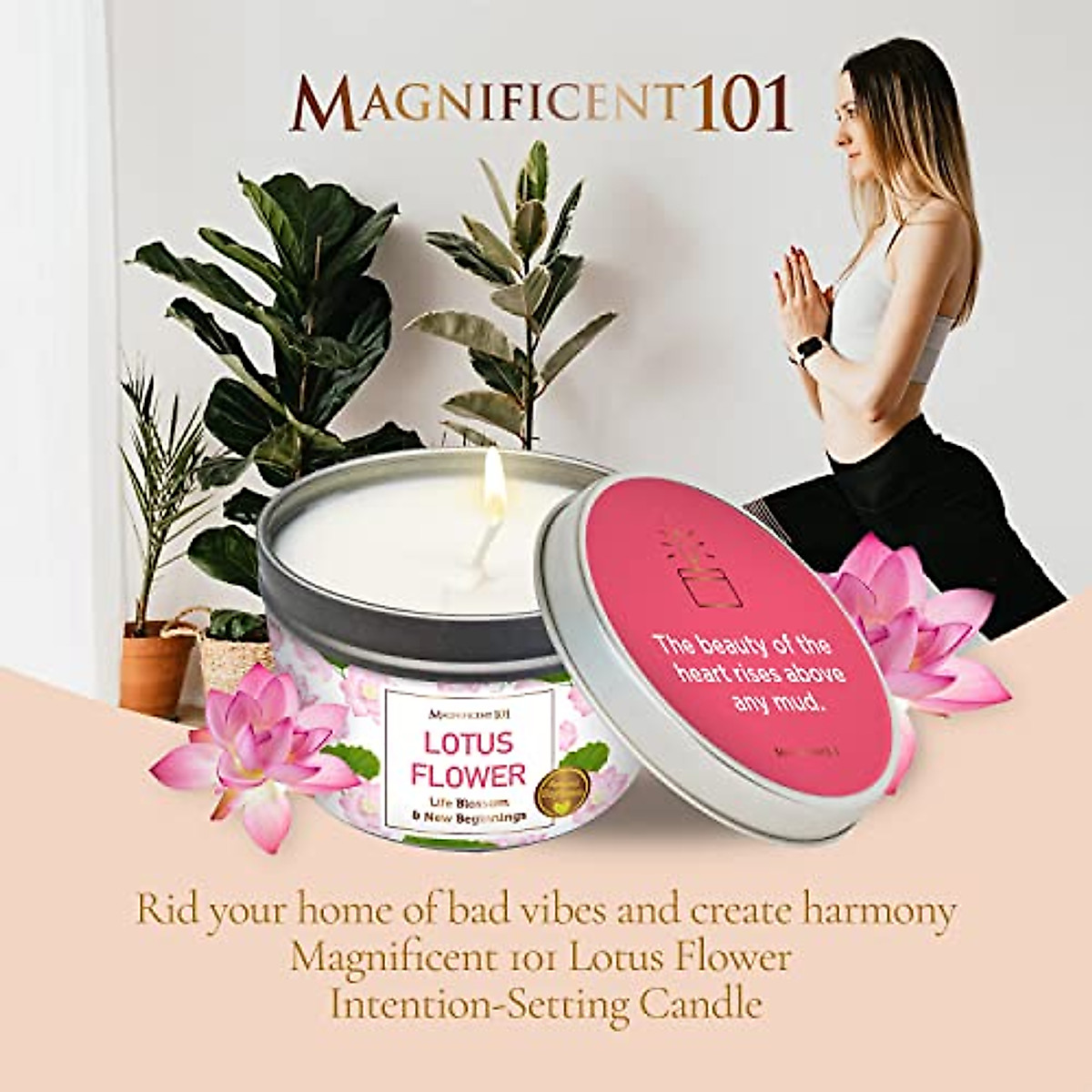MAGNIFICENT 101 Lotus Flower Aromatherapy Candle for Life Blossom and New Beginnings, Banishes Negative Energy I Purification and Chakra Healing - Natural Soy Wax Tin Candle for Aromatherapy 6oz