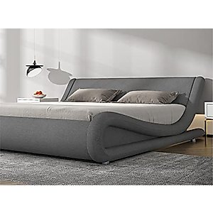 SHA CERLIN Queen Size Bed Frame Luxury Wave-Like Modern Upholstered Low Profile Platform Bed, Linen Sleigh Bed with Adjustable Headboard, No Box Spring Needed, Grey