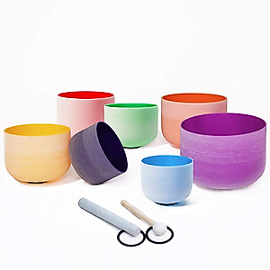 440 HZ Set of 7 Pieces of Color Frosted Quartz Crystal Singing Bowls 6"-12" + mallets & O-rings