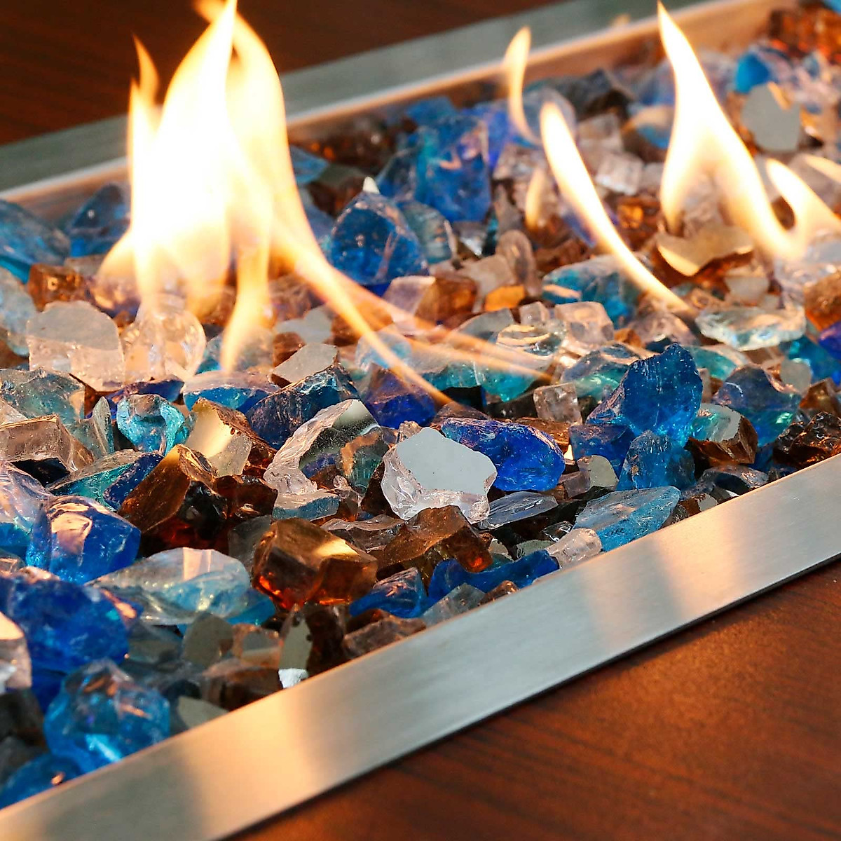 Grisun Fire Glass for Fire Pit, 1/2 Inch Mix 20 Pounds High Luster Reflective Tempered Glass Rocks for Natural or Propane Fireplace, Safe for Outdoors and Indoors Firepit Glass