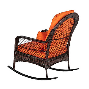 VINGLI Patio Wicker Rocking Chairs with Cushions, Outdoor Rattan Patio Rocker Chairs, Patio Wicker Furniture for Porch Deck Garden Backyard Brown & Orange