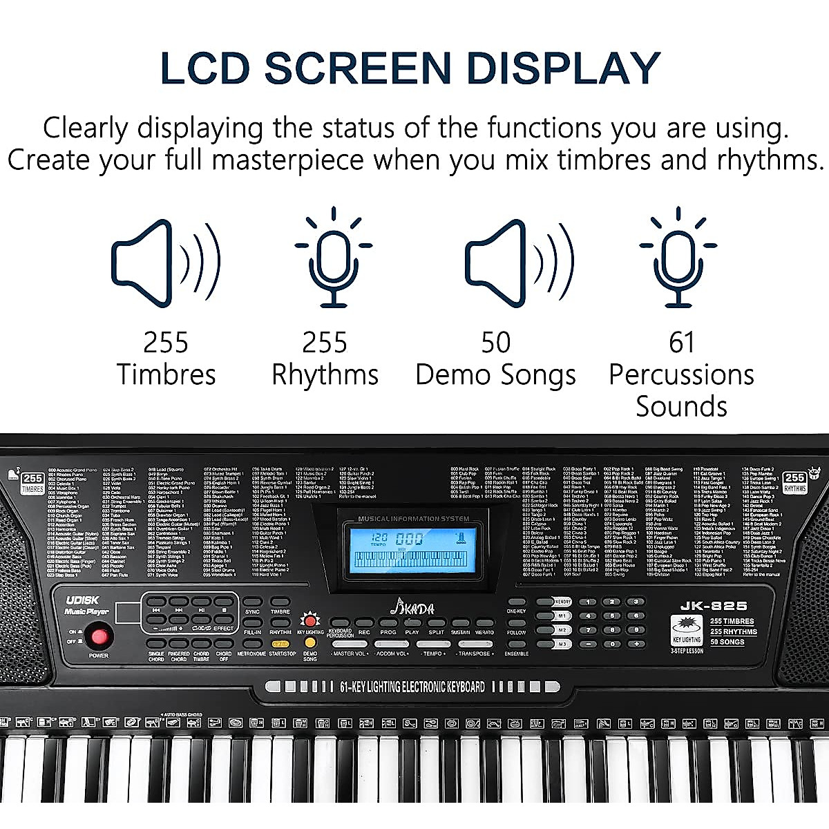 61 Key Portable Electronic Keyboard Piano w/Lighted Full Size Keys, LCD, Headphones, X-Stand, Stool, Music Rest, Microphone, Note Stickers, Built-In Speakers,3 Teaching Modes