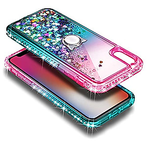 NGB Case for iPhone X, iPhone Xs with Tempered Glass Screen Protector, Ring Holder/Wrist Strap, Girls Women Liquid Bling Sparkle Flowing Floating Glitter Clear Cute Case (Pink/Aqua)