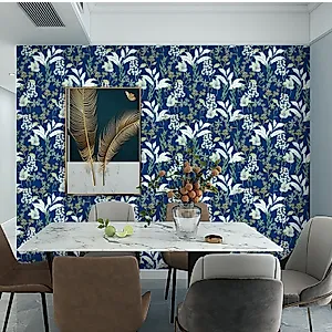 Yasinet Peel and Stick Wallpaper Boho Blue Wallpaper Removable Floral Self-Adhesive Contact Paper Vintage Blue Wallpaper for Walls Bedroom Vinyl Rolls 15.75inch × 78.7 inch