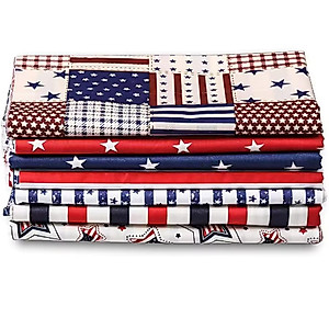 AMORNPHAN 7pcs 4th of July Cotton Fabric Squares Patriotic American Flag Strips Decoration Print Quilting Bundles Fat Quarters for DIY Craft Sewing Patchwork Needlework 16x20 Inches