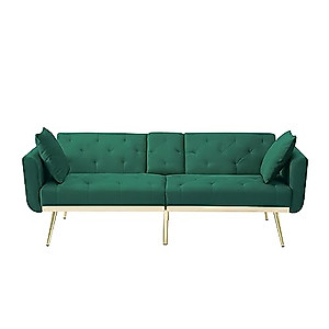 Eafurn Convertible Futon Sofa Bed with 2 Cup Holders, Modern Velvet Split-Back Folding Loveseat Sleeper Couches w/Adjustable Tufted Backrest,Square Armrest Sofabed, Dark Green 72.4" with 2 Pillows