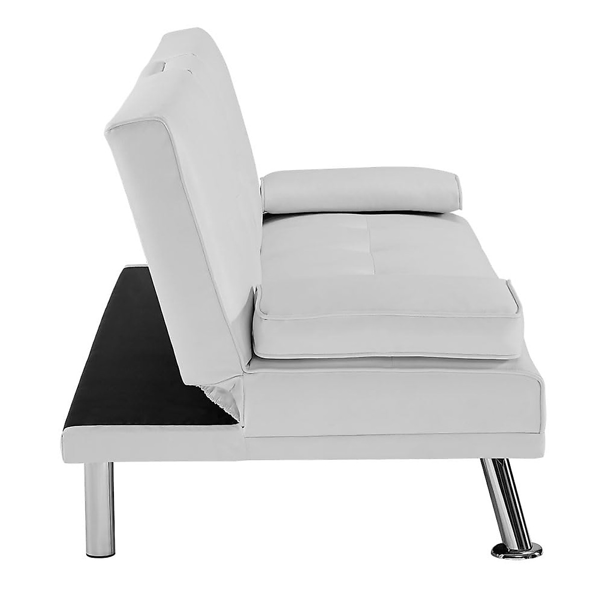 Maykoosh Low Profile Design: Convertible Folding Futon Sofa Bed Sleeper Couch for Living Room Upholstered Futon Sofa with Armrests, Metal Legs, 2 Cup Holders White/Faux Leather