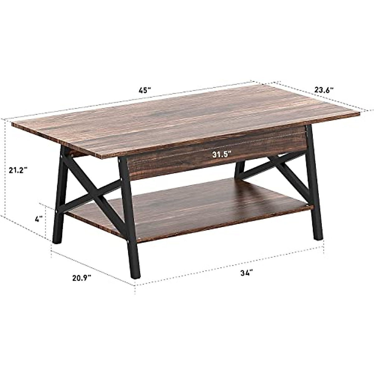 Yesker Farmhouse Coffee Table, Industrial Rustic Coffee Table Heavy Duty Two Tier Coffee Tea Table 45” with Shelf for Living Room, Accent Cocktail Table with Stronger Metal Frame Thicker Leg