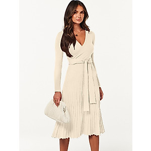 ANRABESS Women's 2024 Long Sleeve Sweater Dress Wrap V Neck Pleated Ribbed Knit A Line Belted Tie Waist Midi Dress Beige Medium
