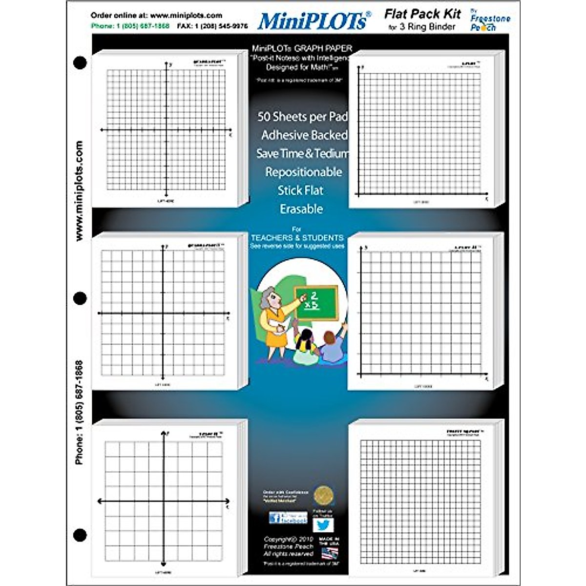 MiniPLOTs Algebra Graphing Kit: Six 3" x 3" Sticky Backed Graph Paper Pads - Variety of X Y axis coordinate grid templates printed on pads. Pads mounted on 8.5x11 cardstock. 50 sheets per pad.