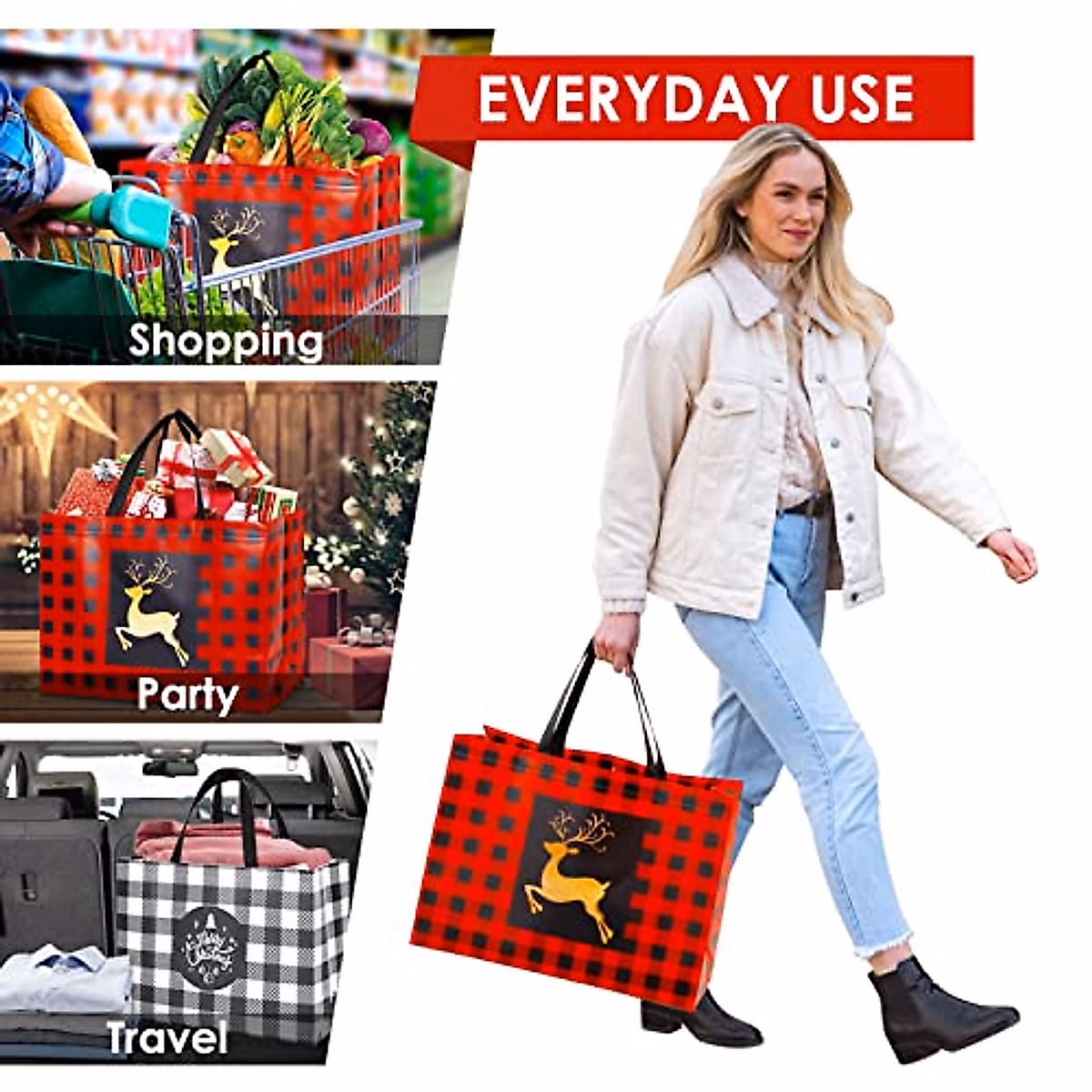 YANGTE 8 Pack Extra Large Christmas Gift Bags, Reusable Tote Bags with Handle Non-Woven Christmas Grocery Shopping Totes for Holiday Xmas, 16.9 * 12.6 * 6.8"