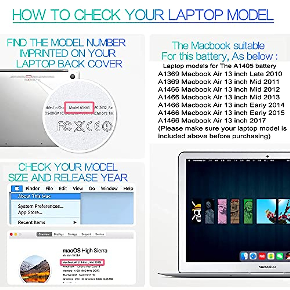 VIFANIV A1466 A1369 Battery for Apple MacBook Air 13″ (Mid 2012, Mid 2013, Early 2014, Early 2015,2017) A1369(Late 2010, Mid 2011 Version) A1405 A1377 A1496