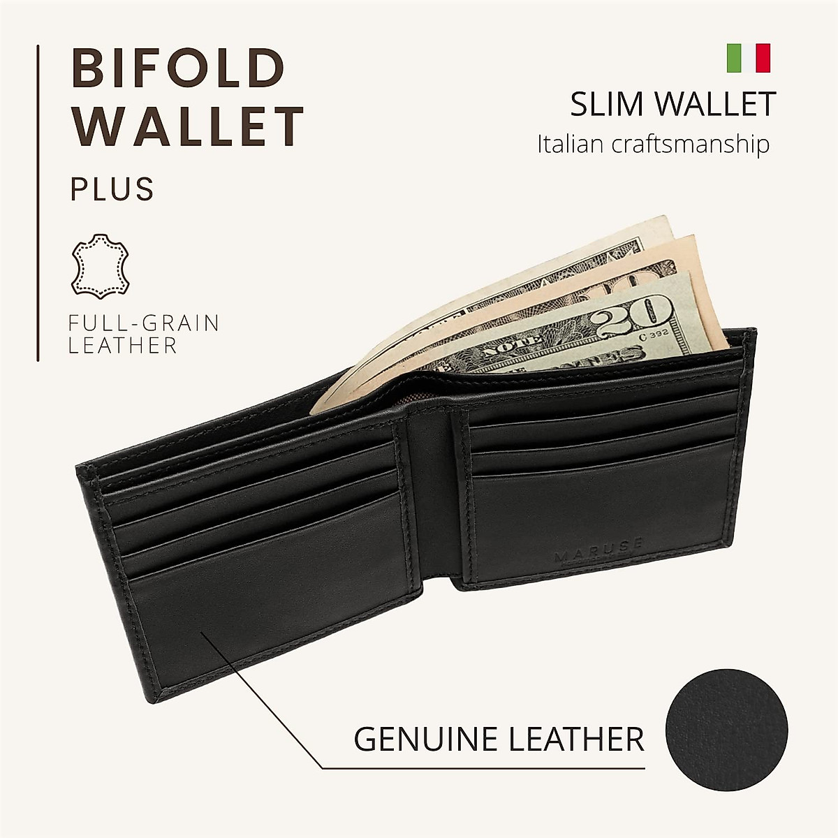 Maruse Bifold Wallet - Slim Leather Wallet – Genuine Italian Calf Leather Wallet – Elegant and Classy – Versatile and Minimalist Wallet for Men, Black