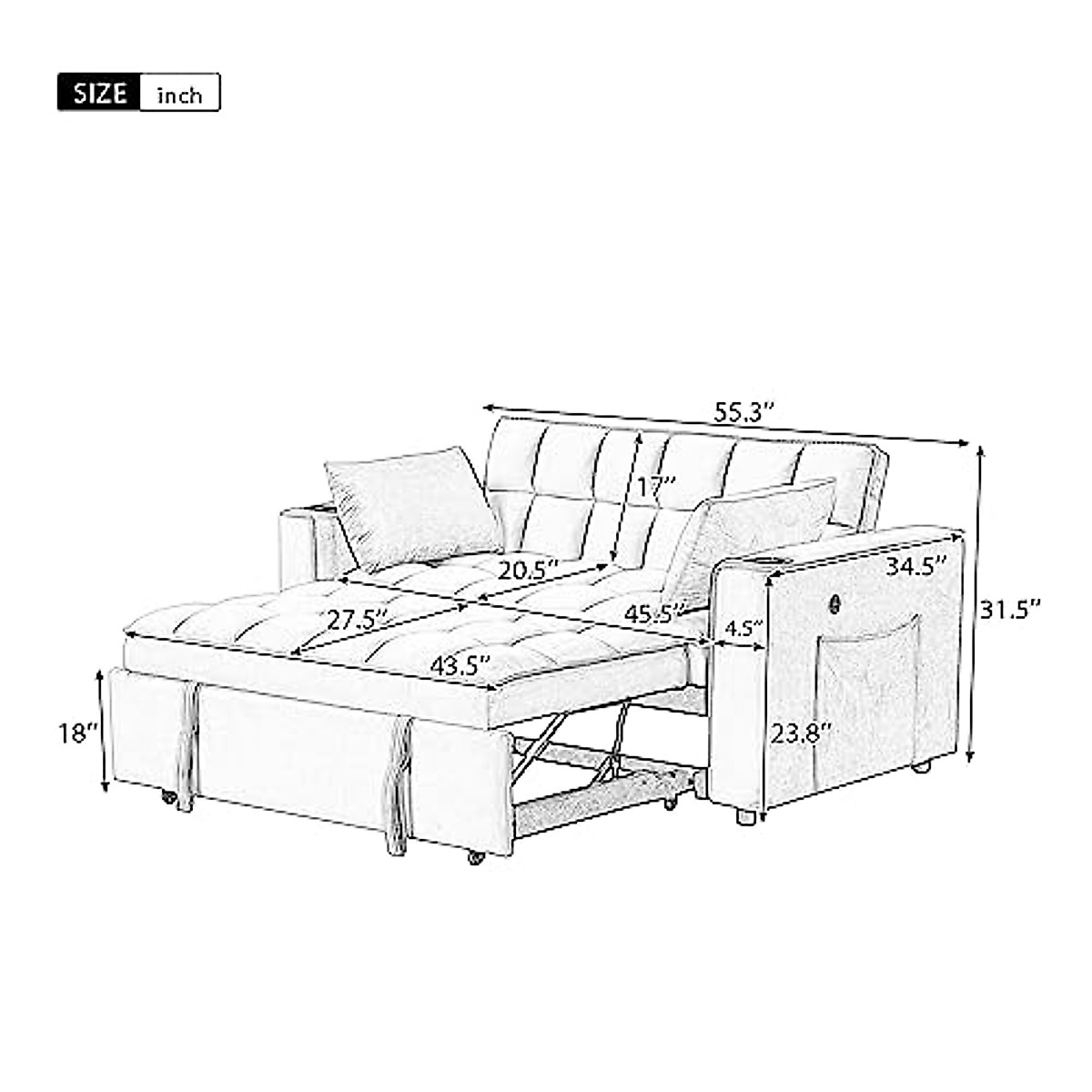 YUNLife Pull Out Sofa Bed Sofabed, Black 55.3" w +Cup Holder and USB Port
