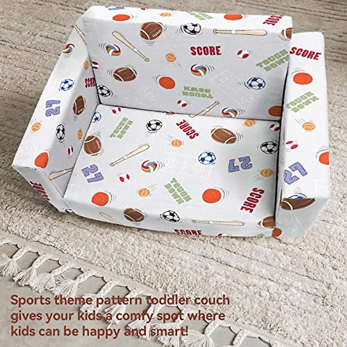 fond + found Kids Sofa Couch, Toddler Boys Girls 2-in-1 Convertible Lounger, Comfy Flip-Out Couch/Sleeper, Sports Theme Chair, Football Basketball Baseball Soccer Bed