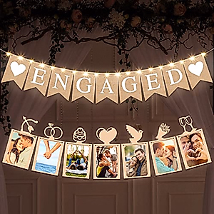 2 Pieces Engaged Banner and Photo Banner Romantic Engagement Wedding Decorations Engagement Party Decor Engaged Burlap Banner Wedding Party Sign Bridal Shower Party Supplies with String Lights