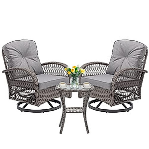 HOMEFUN Outdoor Swivel Rocker Patio Chairs, 3 Pieces Patio Bistro Set Wicker Furniture Set 360 Degree Swivel Chairs with Cushions and Coffee Table