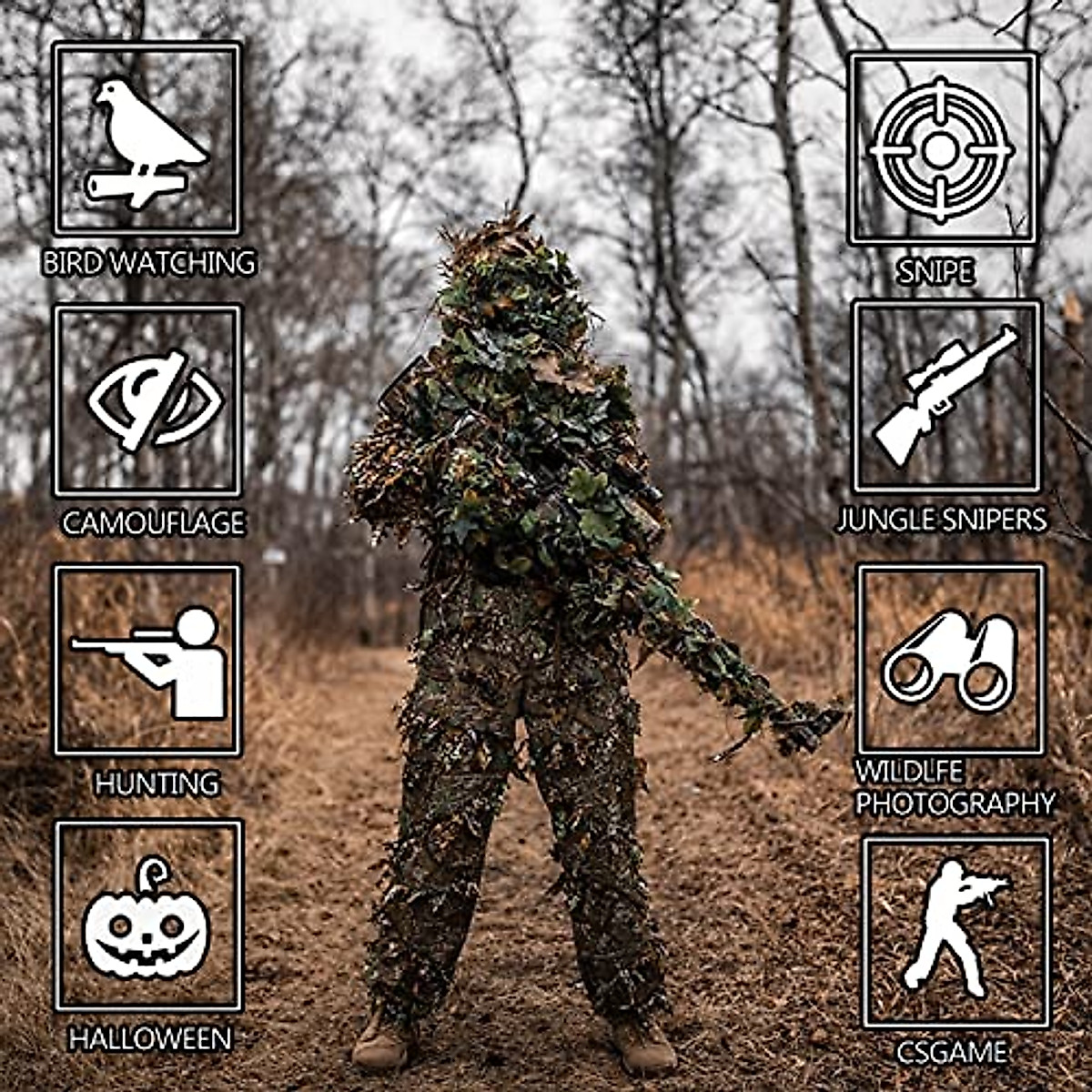 Ghillie Suit 3D Leafy Camo Suit Youth Adult Lightweight Hunting Camouflage Suits Turkey Camo Hunting Gear Camo Clothing Hooded Apparel Gilly Suit for Hunting Shooting Airsoft Wildlife Photography