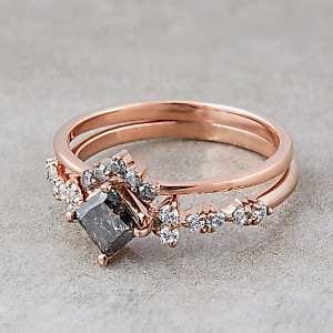 Dfine Jewelry Store 1/2CT Princess Salt and Pepper Diamond Engagement Ring Set For Women Rose Gold Finish 925 Sterling Silver (7.5)