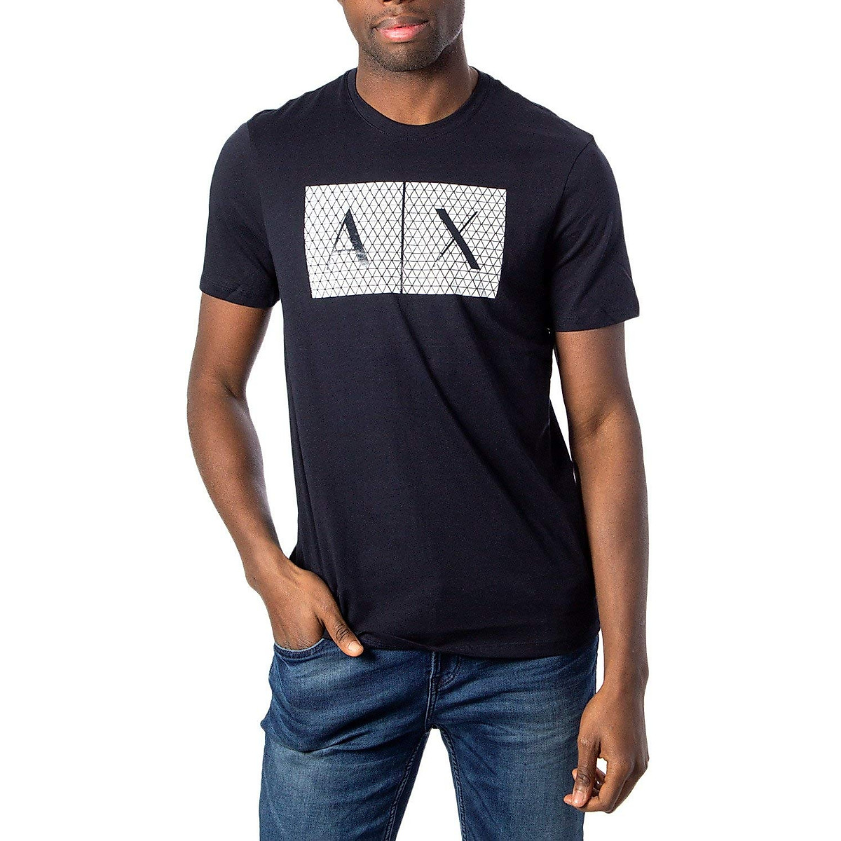 A|X ARMANI EXCHANGE mens Crew Neck Logo Tee T Shirt, Grid Logo Navy, X-Large US