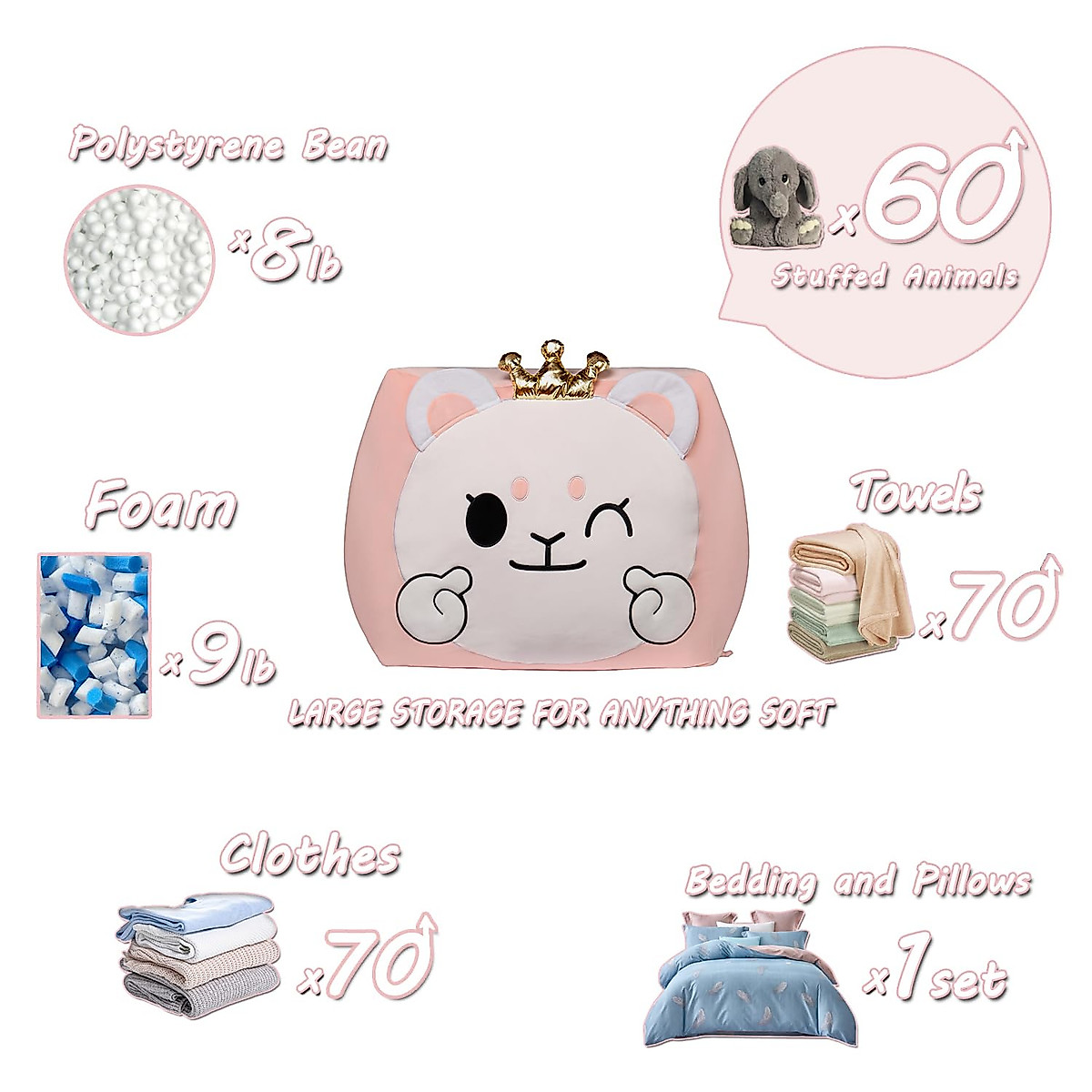 Panda Stuffed Animal Bean Bag Chair Cover Toy Storage Large Size 24x24 Inch Velvet Extra Soft Plush Organization for Kids Toys Blankets Towels Clothes Household Supplies