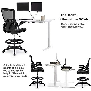 Drafting Chair Tall Mesh Drafting Stool for Standing Desk, Adjustable Bar Height Reception Office Chair with Flip-Up Arms & Foot-Ring, Ergonomic Mesh Computer Drafting Stool for Home Office Working