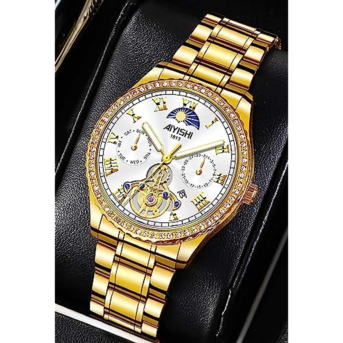 AIYISHI Unisex Golden Watches Luxury Diamond Fashion Waterproof Stainless Steel Luminous Calendar Date Quartz Wrist Watch for Men and Women