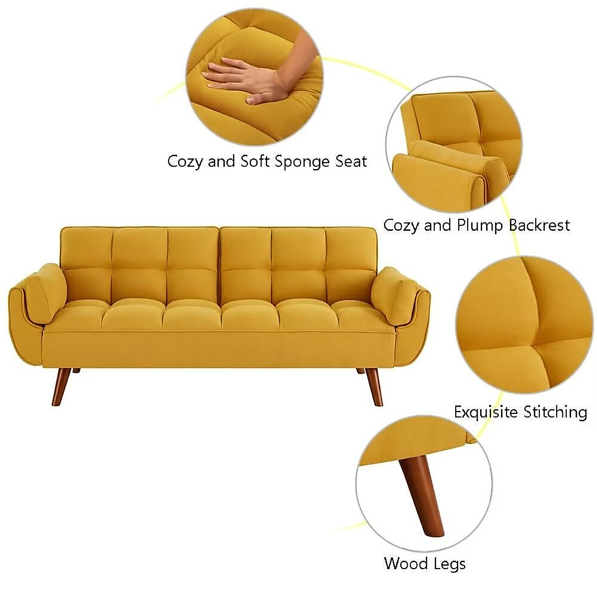 XGWIHLO Convertible Sofa Bed Folding Loveseat Couch, Modern Futon Recliner Sleeper with Adjustable Backrest, Yellow