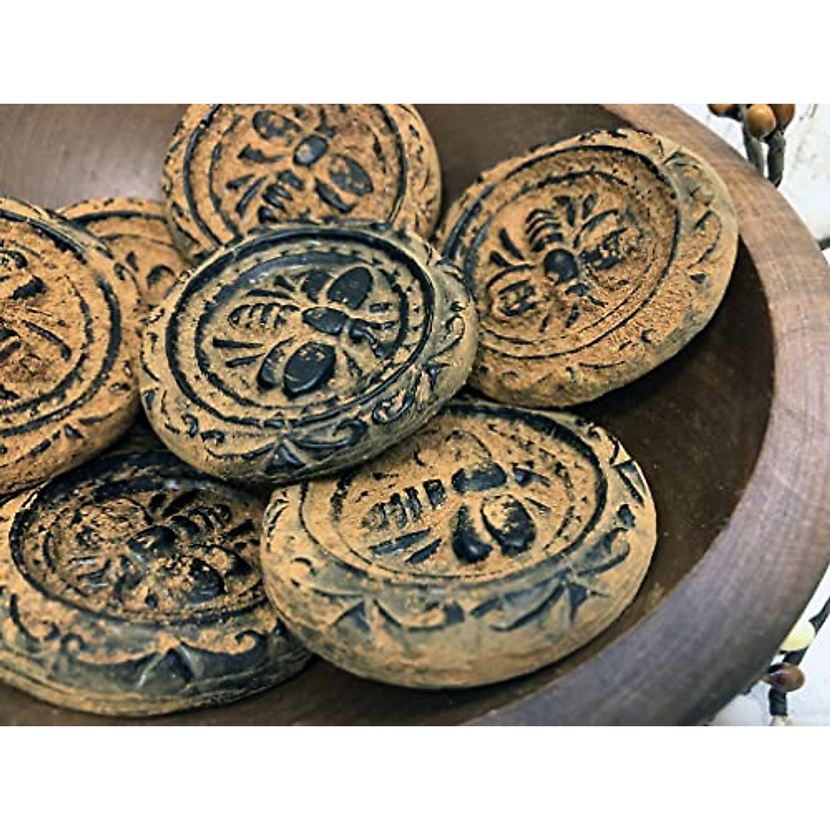 Blackened Beeswax Honey Bee Rounds Cinnamon Scented with Cinnamon Powder Rub - American Folk Art Primitive Melts Tarts Bowl Fillers