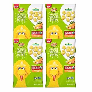 Earth's Best Organic Kids Snacks, Sesame Street Toddler Snacks, Organic Veggie Puffs, Gluten Free Snacks for Kids 2 Years and Older, Original, 1.55 oz Bag (Pack of 4)