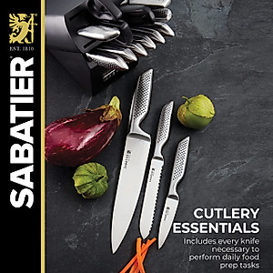 Sabatier Ergonomic Textured, High-Carbon Kitchen Knives, Razor-Sharp Knife Set with Rubberwood Block, Stainless Steel Handle, 15-Piece, Black