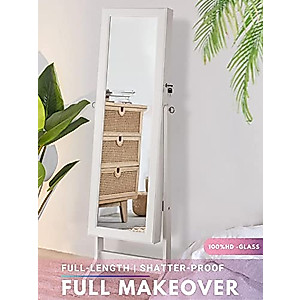 YOKUKINA Jewelry Cabinet Free Standing Large Storage Lockable Armoire, Full Length Dressing Mirror Organizer(White)