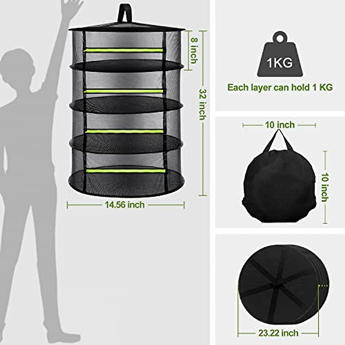 SDOM Herb Drying Rack 4-Layer 2ft with Zipper, Hanging Drying Rack with Hook or Hydroponic Plant/Plants Herb Drying, Foldable Drying Net