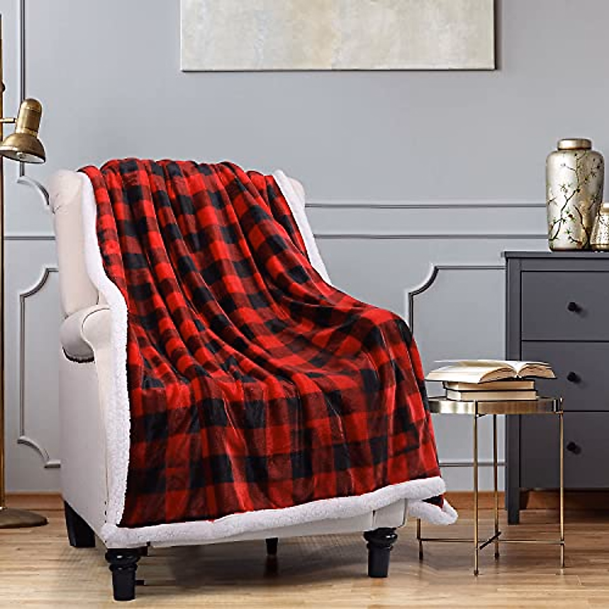 Sherpa Fleece Fuzzy Throw Blanket, Buffalo Plaid Cozy Fluffy Throws Blankets for Couch Soft Twin Christmas Red Bedding Sofa Flannel Plush 50"x60"