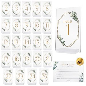 1 Set 1-25 of Elegant Clear Table Numbers, Wedding Table Numbers with A Gift Of 25 Advice and Wishes Cards for the New Mr and Mrs, Wedding Signs, Acrylic Table Numbers for Wedding, Geometric Design