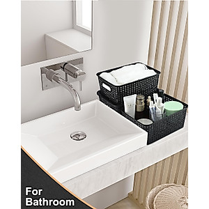 AREYZIN Storage Bins Plastic Storage Baskets With Lid Small Baskets for Organizing Stackable Storage Container Organizer Bins for Shelves Drawers Desktop Playroom Classroom Office, 6 Pack,Black