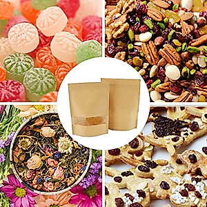 HOZEON 200 Pack 7 x 10 Inch Kraft Stand Up Pouches, Kraft Stand Up Zip Lock Pouch Bags with with Clear Window and Tear Notch, Resealable Kraft Stand Up Bags for Dry Food Nut Candy Snack Grain Storage