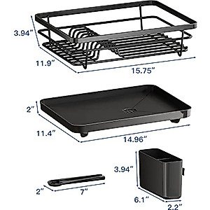 PXRACK Dish Drying Rack, Dish Rack for Kitchen Counter with Utensil Holder, Space-Saving Durable Dish Drainer Organizer with Drainboard for Kitchen, Black