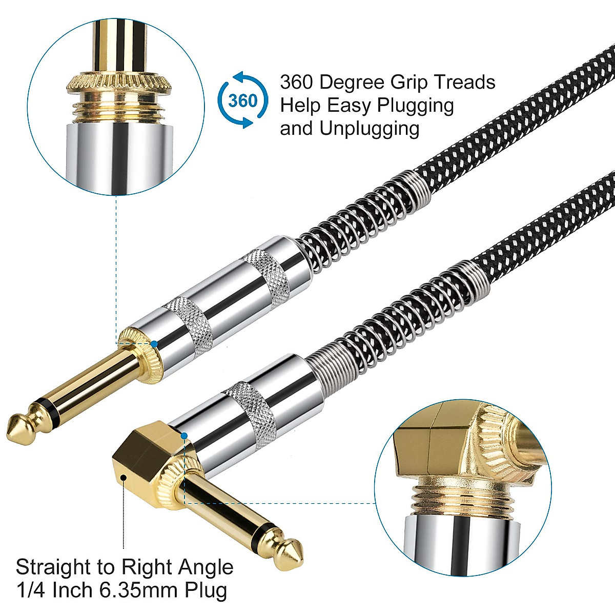 JOLGOO Guitar Cable, 1/4 Inch Cable 10 Ft, Straight to Right Angle 6.35mm Plug Bass Keyboard Instrument Cable, Black and Gray Tweed Cloth Jacket, Electric Mandolin, pro Audio