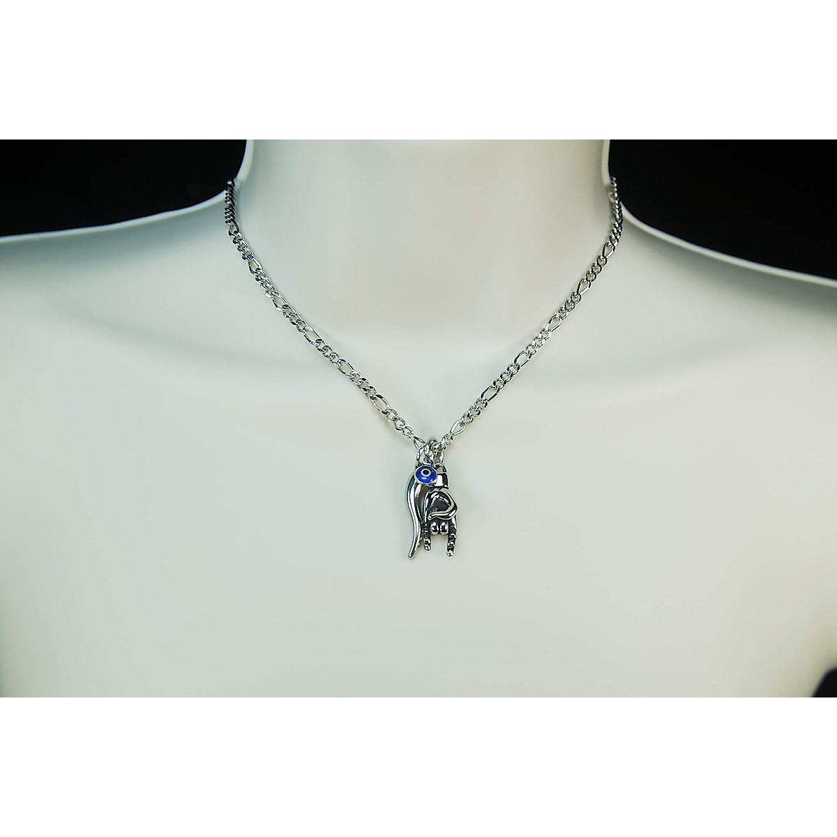 Mano Cornuto, Cornicello, and Nazar combo Necklace, on 20" Figaro Chain, Italian Lucky Hand Horn Anti Evil Eye Good Luck Amulet Protection Charms All Stainless